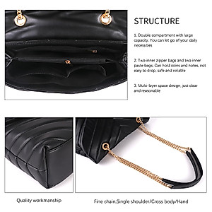 Quilted Crossbody Bag for Women, Soft Vegan Leather Chevron Purses, Trendy Shoulder Handbags with Gold Chain Strap (Black)