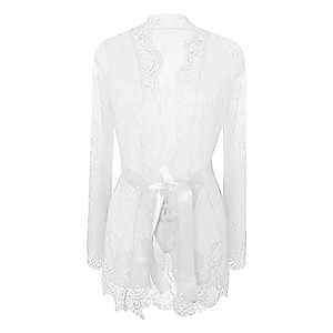 Qopobobo Sexy Lengerie for Women Naughty Women's Lace Kimono Robe Long Sleeve Mesh Lingerie Nightgown Dress with Belt