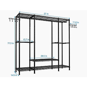 Ulif E3 Heavy Duty Garment Rack, 4 Tiers Freestanding Closet Organizer System with 5 Shelves, Metal Closet Organizer and Storage System for Clothes, Max Load 650lbs, 57.1"W x 14.5"D x 77.3"H, Black