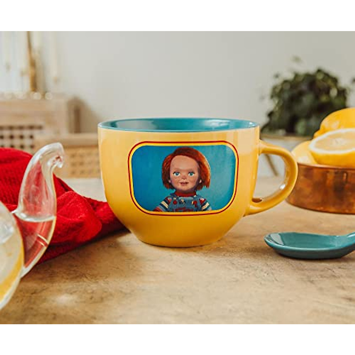 Child's Play Chucky "Good Guys" 24-Ounce Ceramic Soup Mug w/ Spoon | Bowl For Ice Cream, Cereal, Oatmeal | Large Coffee Cup For Espresso, Caffeine | Home & Kitchen Essential | Horror Movie Collectible