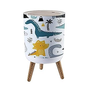 Nordic Style Trash Can - Childish seamless with hand drawn dino in scandinavian style Creative Push Top Trash Can with Lid - Scandinavian Modern Garbage Can - Round Trash Bin w/ Legs for Kitchen/Bathroom/Dog proof, 1.8 Gallon - 7L