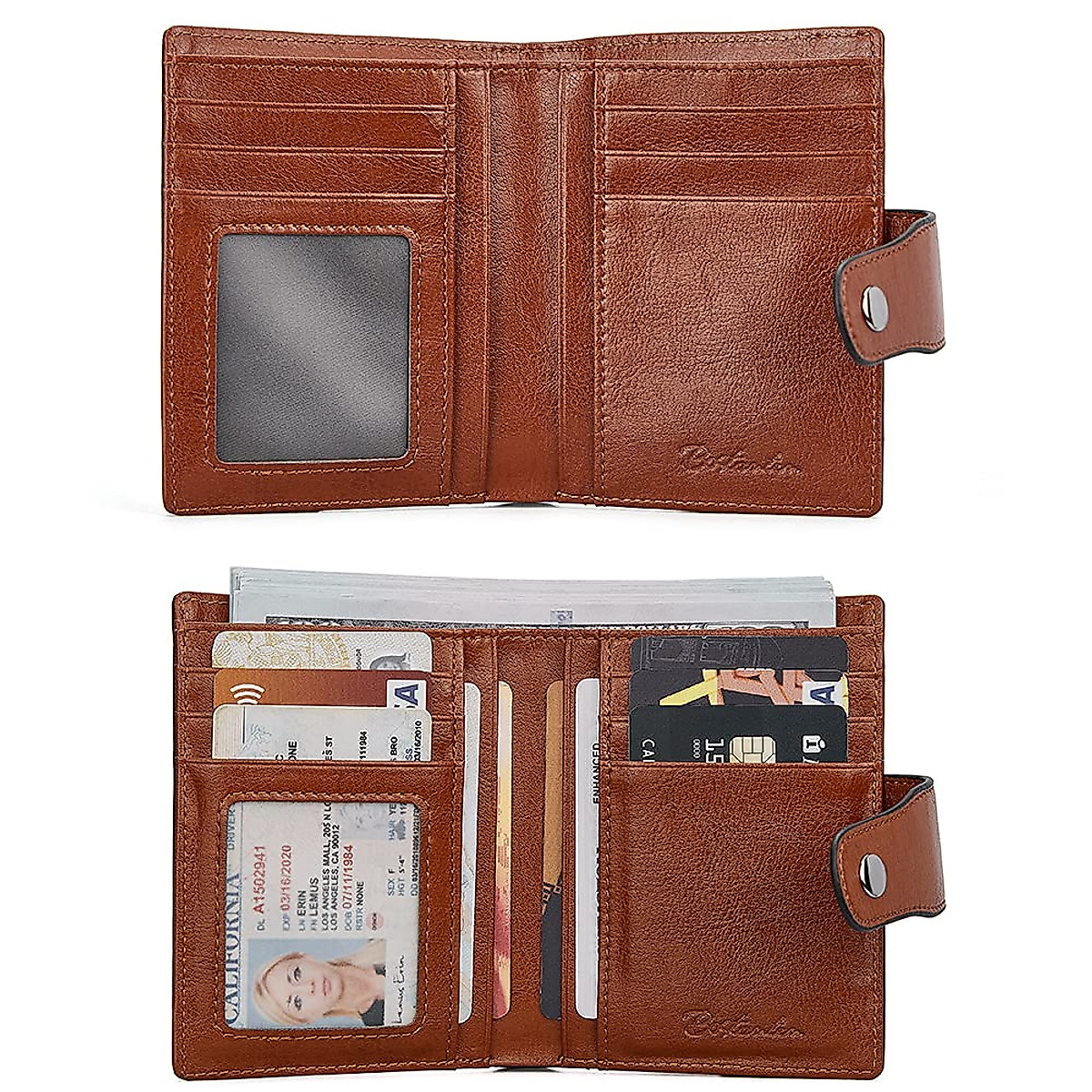 BOSTANTEN Genuine Leather Backpack Purse Casual College Travel Bags for Women and Women Leather Wallet RFID Blocking Small Bifold Zipper Pocket Wallet Card Case Purse with ID Window Beige with Brown