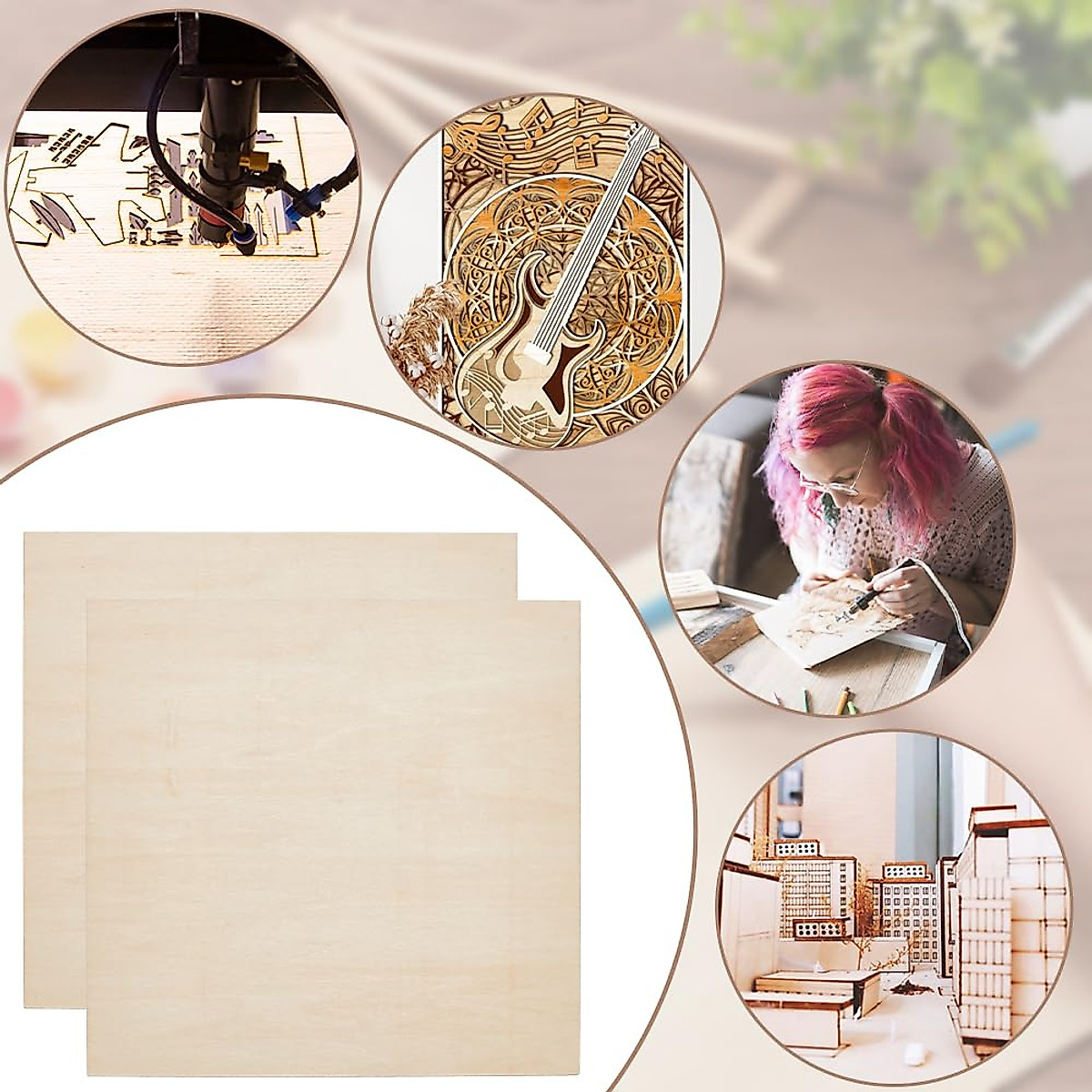 BENECREAT 2PCS Wood Veneer Sheets Laser Cut, 12x12 Inches Self Adhesive Rectangle Wood Panels for DIY Painting, Laser Projects, Woodworking, Model Making, 3mm Thick