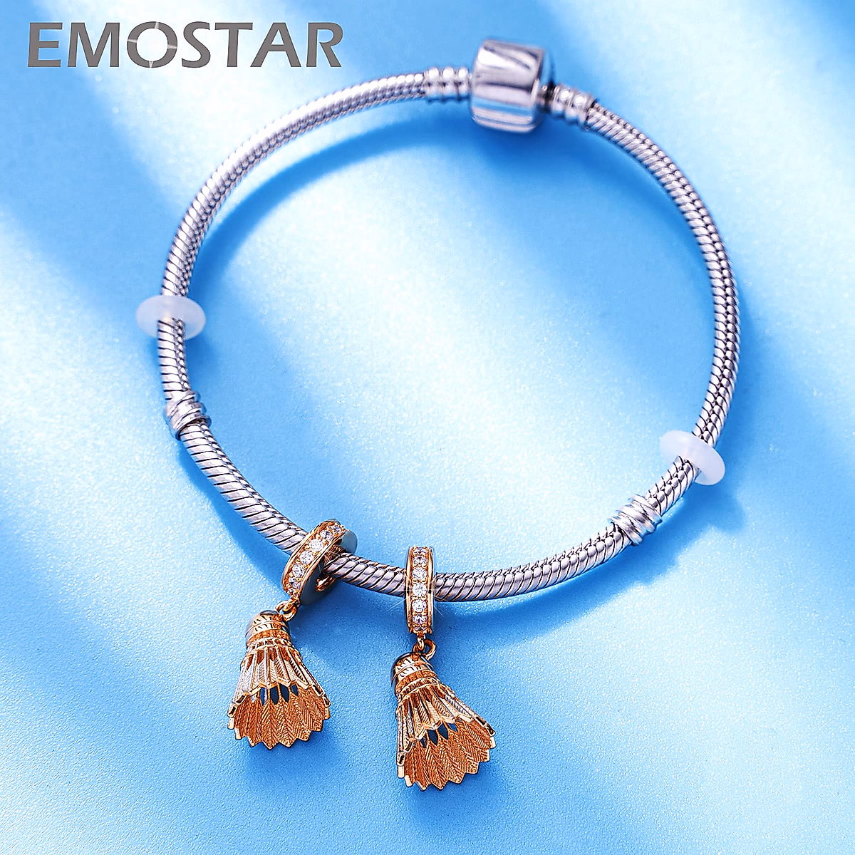 Rose Gold Shuttlecock Dangle Charms, 925 Sterling Silver Badminton Pendant with Clear CZ, fit Pandora DIY Sports Bracelet Bangle, Gifts for Sports Lover/Graduation/Friends