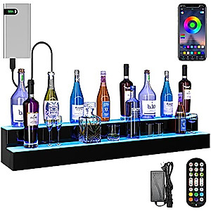YITAHOME LED Lighted Liquor Bottle Display Shelf Supports USB & Power Bank, 2-Step 48-inch Bar Liquor Alcohol Shelf for Home Counter Party, Acrylic Mounted Whiskey Rack Stand with Remote & App Control