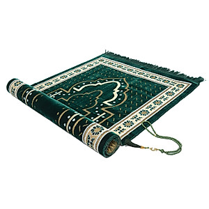TB Islamic Prayer Rug Thick Soft Velvet Muslim Mat Unique Arabic Turkish African Embroidered Design Prayer Bead Daily Salah Prayer Meditation Ramadan Eid Gift for Women Men Kids (Green)