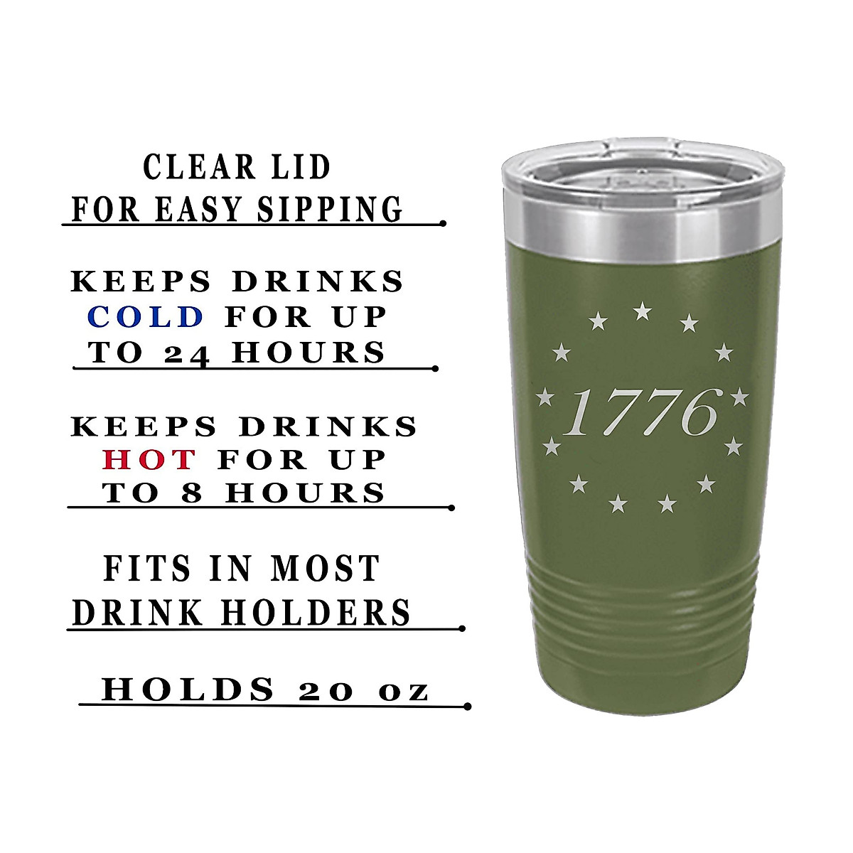 Rogue River Tactical Betsy Ross 1776 American USA Flag 20 Oz. Travel Tumbler Mug Cup w/Lid Vacuum Insulated Hot or Cold Military Vet Gift (Green)