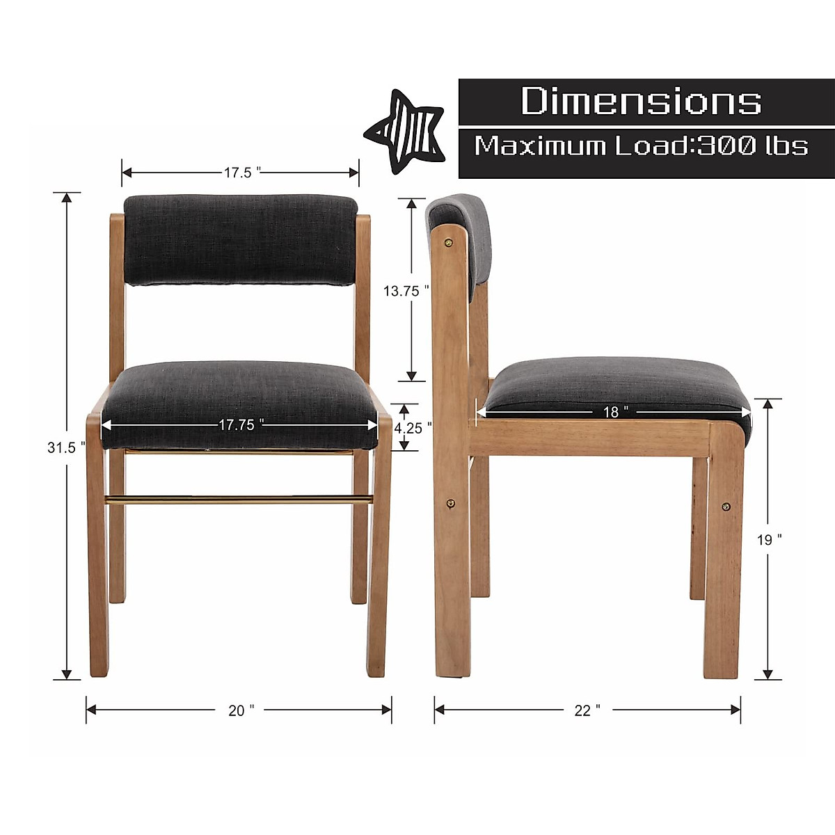 Shunzhi Mid Century Modern Dining Chairs Set of 2 Upholstered Linen Dining Room Chairs with Adjustable Back Wooden Farmhouse Side Chairs for Living Room/Dining Room,Charcoal Black