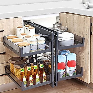 Blind Corner Cabinet Pull Out Organizer with 4-Shelf Glass Basket Corner Stainless Steel Damping Guide Rail Cabinet Storage Shelves Spice Rack for Installation on Left or Right Blind Corner Cabinet (
