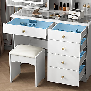 ROMSHINE Vanity Desk with Mirror and Lights, Makeup Vanity Desk with Sliding Mirror, Glass Desk-Top and Lights in 3 Colors Modes, White Vanity Table and Chair Set with 5 Drawers, Glass Top