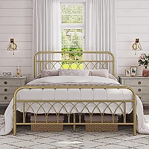 Yaheetech Full Bed Frame Metal Platform Bed with Petal Accented Headboard/Footboard/14.4 Inch Under Bed Storage/No Box Spring Needed,Antique Gold