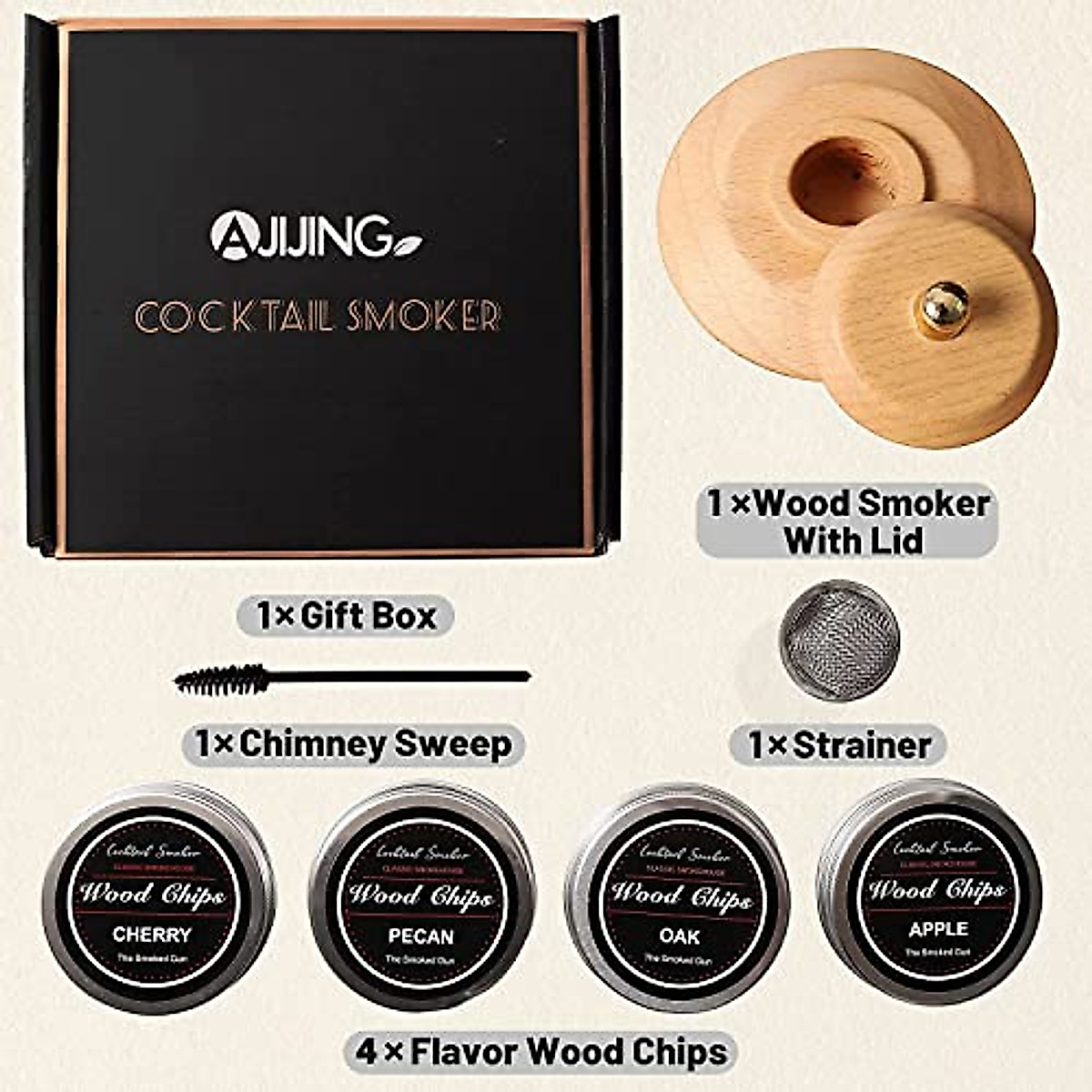 AJIJING Cocktail Smoker Kit with 4 Flavour Wood Chips-Old Fashioned Smoker Kit for Drinks, Whiskey, Bourbon, Drink Smoker Infuser Kit, Best Gift for Husband, Father, and Whiskey Lovers