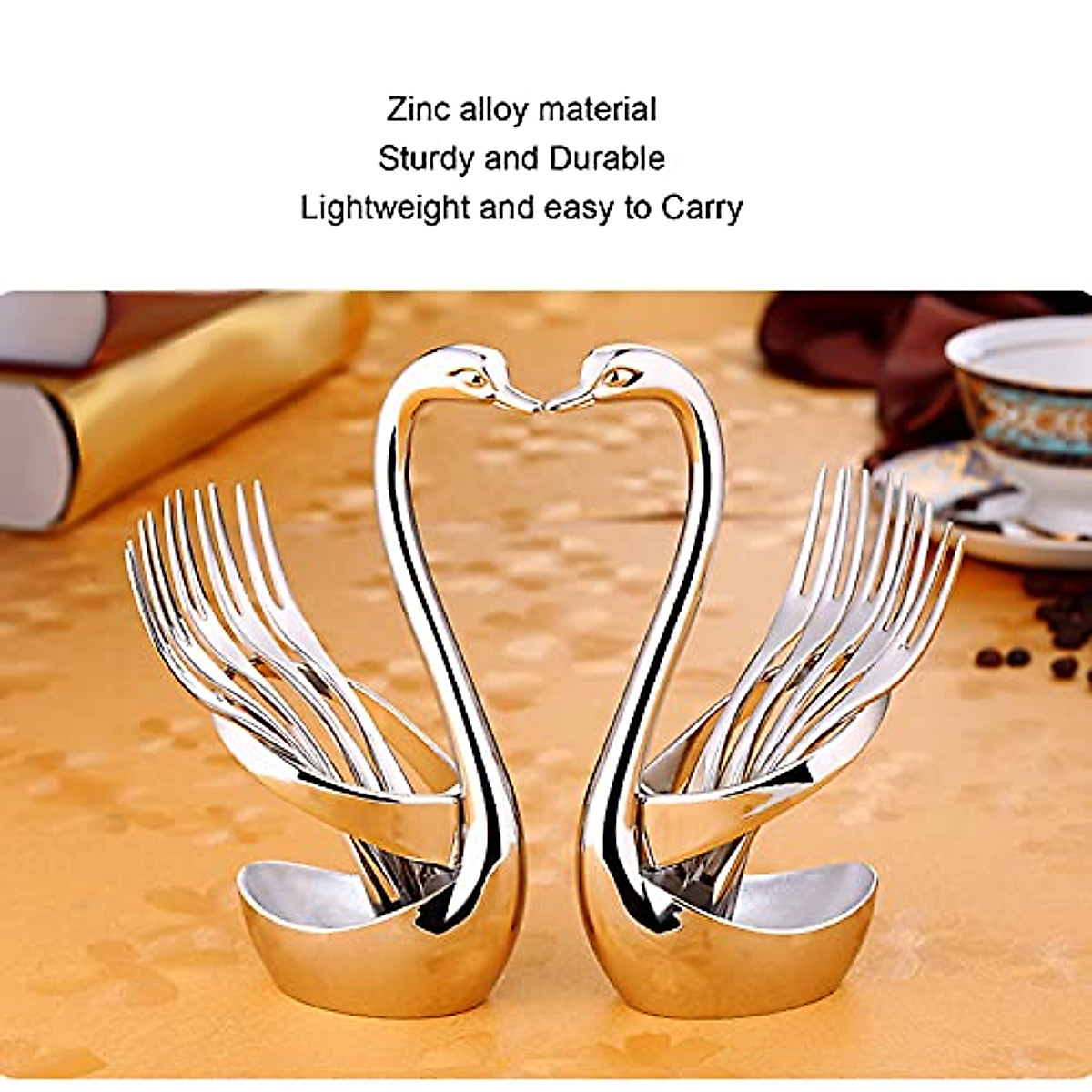 Creative Dinnerware Set, Decorative Swan Base Holder with 5 Forks or 5 Spoons for Coffee, Fruit,Dessert, Zinc Alloy Tableware Mirror Polished Spoon Fork Set (5 Spoons)