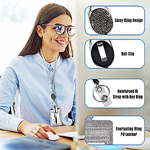 Retractable ID Badge Holder, Multipurpose Bling Rhinestone Badge Reel with Belt Clip, Shiny PU Leather Badge Holder with Lanyard and Pen Holder for Nurse, Teacher, Student, Office Worker (Silver)
