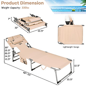 Moccha Folding Tanning Chair, Beach Lounger with Face Hole, 5-Position Adjustable Backrest, Side Pocket, Removable Pillow, Portable Bench Lounge Chairs for Outside Patio Pool Lawn (1, Beige)