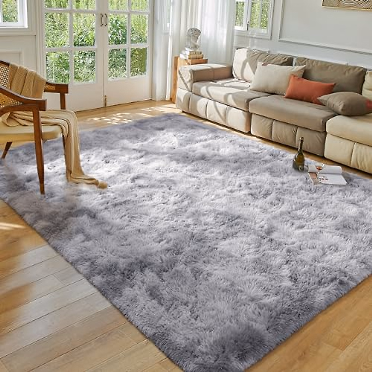Softlife Fluffy Rug for Living Room, 5x8 Feet Plush Area Rug for Bedroom, Tie-Dyed Grey Furry Shag Rug for Aesthetic Christmas Room Decor, Soft Modern Fuzzy Faux Fur Carpet for Kids Nursery Room Dorm