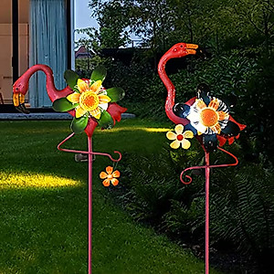 Histoacryl 2 Pack Pink Flamingos Outdoor Decorations, Metal Flamingo Solar Stakes Lights with Wind Spinner, Yard Sculptures Art Decorative for Garden, Patio, Landscape, Pathway, Christmas