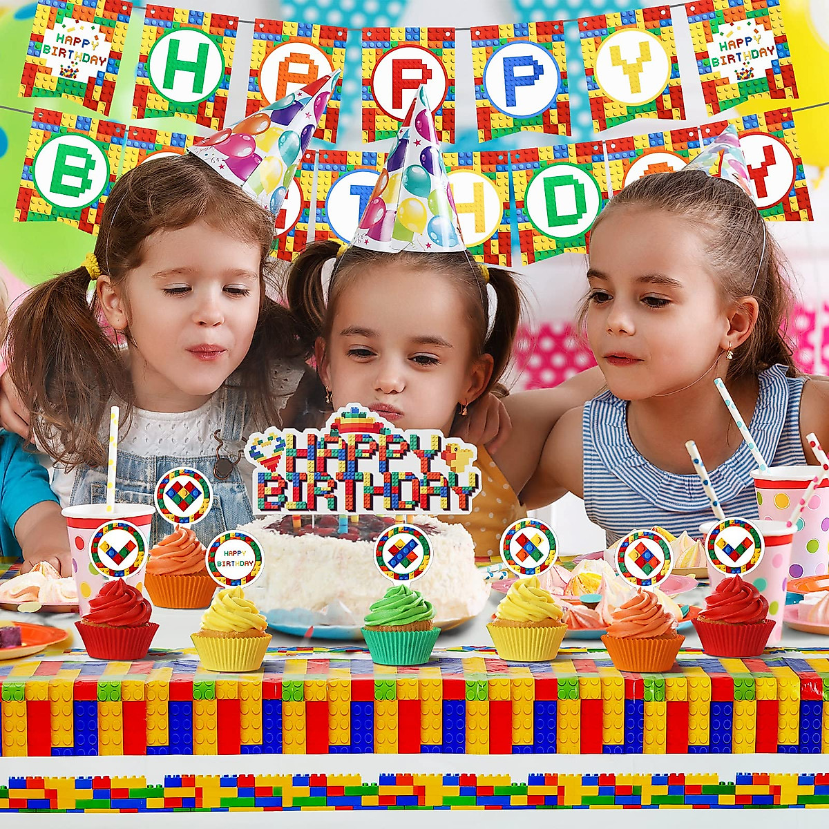 Spiareal 78 Pcs Building Block Birthday Party Supplies Birthday Party Decor Include Happy Birthday Banner, Building Block Swirls, Table Cover, Cake Toppers, Cupcake Toppers, Balloons for Kids Kids