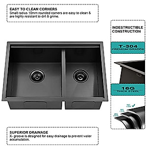 33 Black Undermount Kitchen Sink Workstation - iAnomla 33 x19 Inch Black Kitchen Sink Undermount Sink 16 Guage Stainless Steel Ledge Workstation 60/40 Double Bowl Kitchen Sink with Cutting Board