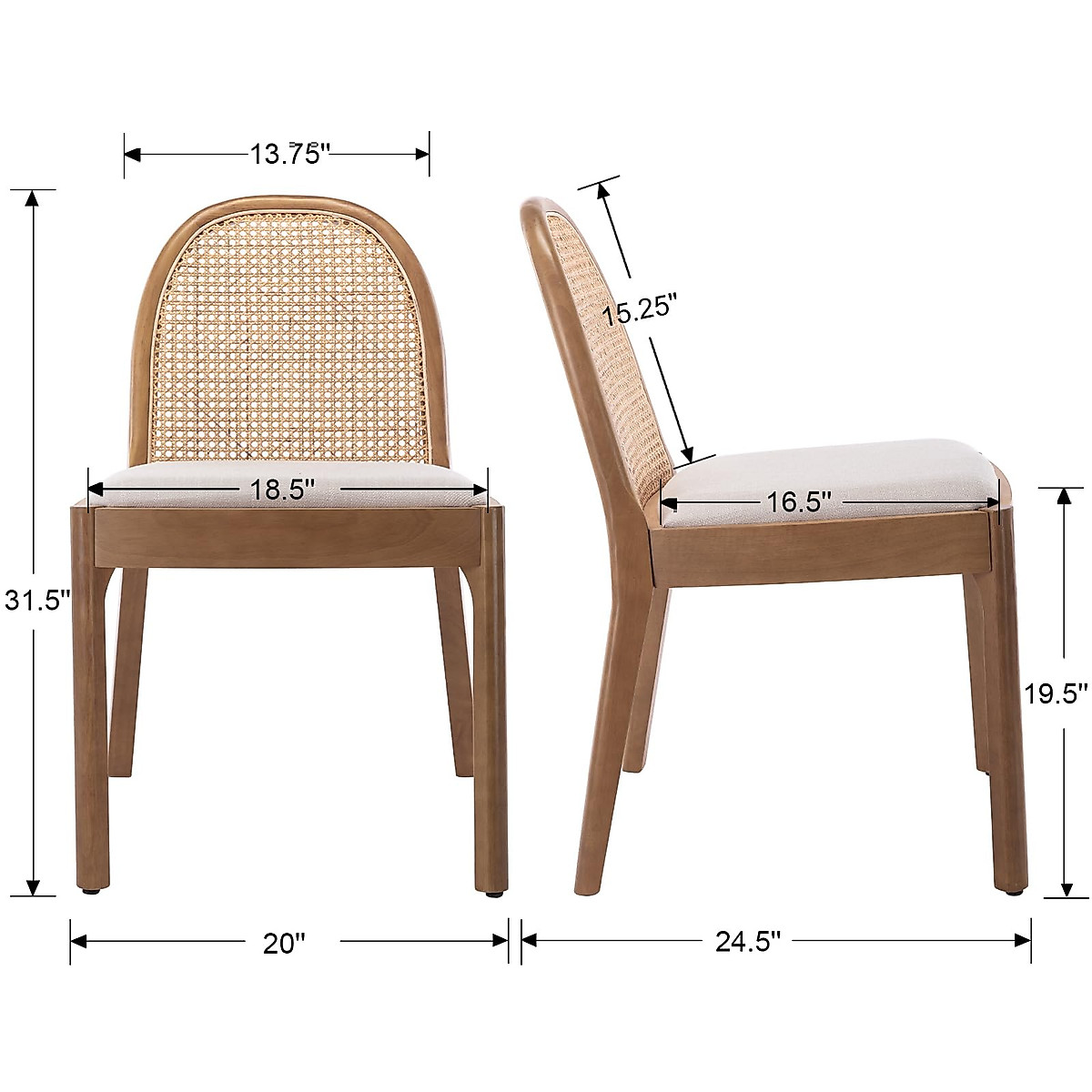 Ya-Home Mid Century Dining Chairs Set of 2, Accent Rattan Linen Fabric Side Chairs Kitchen Chair with Solid Wooden Legs for Living Room Dining Room, Beige