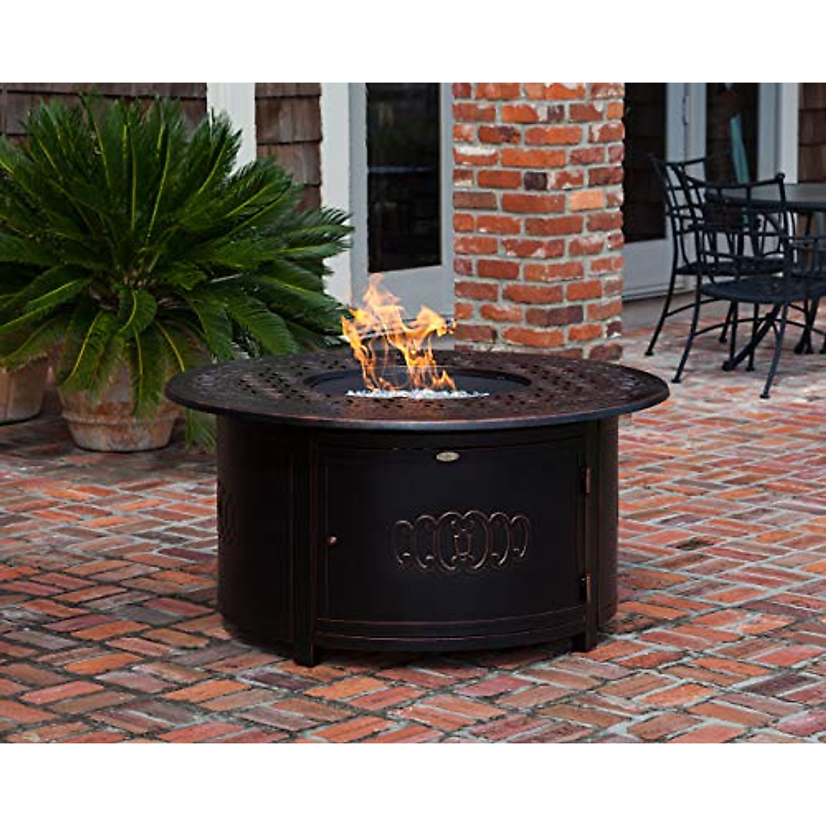 Fire Sense 62262 Dynasty Art Deco Aluminum Convertible Gas Fire Pit Table 55,000 BTU Multi-Functional Outdoor with Fire Bowl Lid, Nylon Weather Cover & Clear Fire Glass - Bronze Finish - Round - 44"