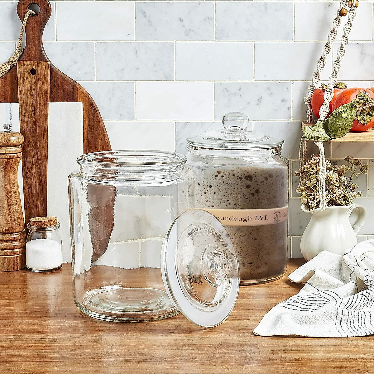 VALLENWOOD Sourdough Set: Clear Thicker Glass Jar 34oz, 1L With Lid. Plus Silicone Band Level Tag, Thermometer With Magnetic Strip And Spatula. For Fermenting. For Starter (Circular)