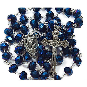 Nazareth Store Deep Blue Crystal Beads Rosary Catholic Necklace Holy Soil Medal Cross Crucifix Velvet Bag