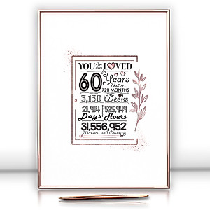 Framed Rose Gold 60th Birthday Decorations Sign Poster for Girl - 60 Birthday Gift 12"x16" Guest Party Favors Book Alternative – With Pen & Wall Hanger – Great 60 Years Old Gifts for Womens