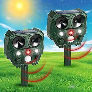 Ultrasonic Animal Repellent Deer Repellent Cat Repellent Outdoor with 5 Frequency Mode & Motion Sensor & Strobe Light Solar Animal Repeller Deterrent Rabbit Repellent Repel Dog Skunk Raccoon, 2 Pack