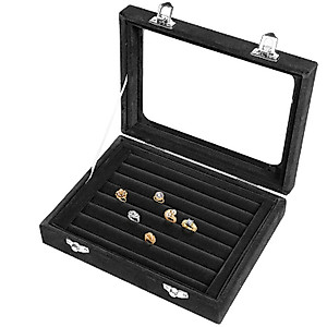 Basuwell Earring Storage 7 Slots Velvet Jewelry Tray for Drawers Glass Clear Lid Showcase Display Ring Organizer Earring Ring Trays Holder Cufflink Showcase-Black