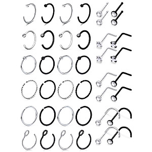 Lcolyoli Nose Rings Hoop 20g Surgical Stainless Steel Septum Ring L Shape Nose Studs Screw C Shape High Nostril Piercing Jewelry Pack for Women Men 40 Pieces Silver-tone Black