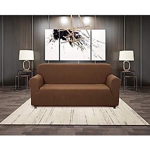 1 Piece-Love Seat/2 Seater Sofa Slipcover Polyester Spandex Jacquard Fabric Stretchable Home Motel Resort Rentals and Commercial use, Fits Back of Furniture from 57 to 70 inch Wide, Coffee Color