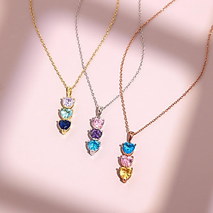 Custom 3 Stone Simulated Birthstone Heart Necklace (16"), 925 Sterling Silver Heart Drop Necklace for Women - Personalized Necklaces - Mom Necklace with Birthstones - Gifts for Mom