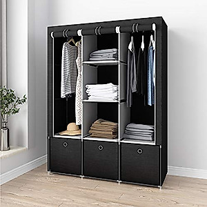 GHQME Fabric Wardrobe with 3 Drawers, Portable Clothes Closet Storage Organizer with Compartments and Rods (Black, 49.2” x 17.3” x 63.8”)
