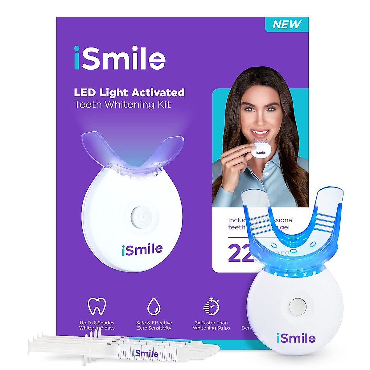 iSmile Teeth Whitening Kit - LED Light, 35% Carbamide Peroxide, (3) 3ml Gel Syringes, (1) Remineralization Gel, and Tray.