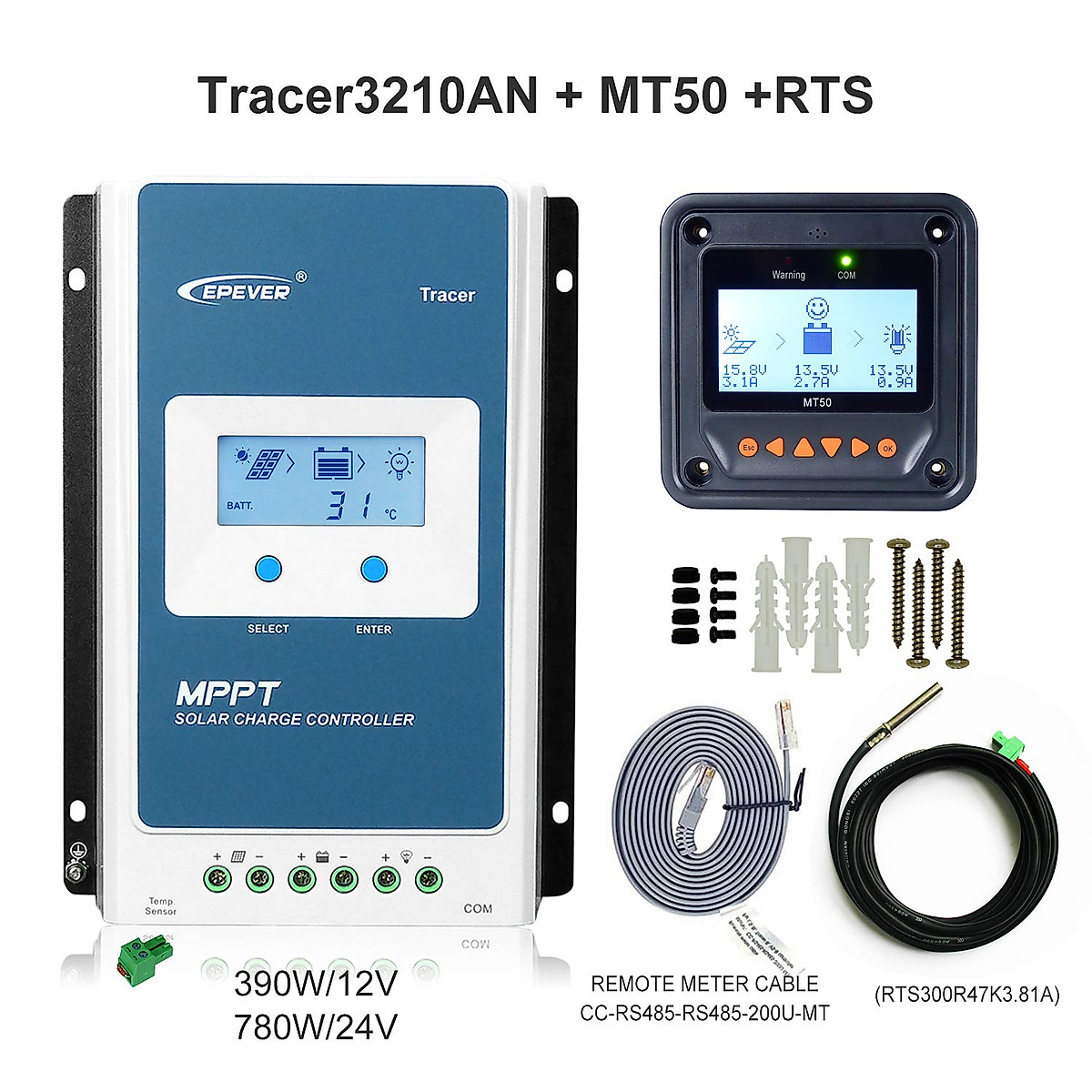 EPEVER MPPT Charge Controller 30A Max PV 100V Input 12V/24V Auto, Negative Grounded with MT50 & Temperature Sensor, Work for Lead-Acid Sealed/Gel(AGM)/Flooded and Lithium Battery(30A+MT50+RTS)