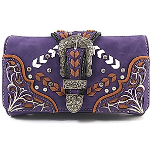 Justin West Floral Embroidery Rhinestone Turquoise Buckle Western Weave Stud Conceal Carry Handbag Purse | Messenger | Trifold Wallet (Purple Purse Wallet Set)