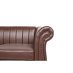 EMKK 84inch 3 Seater Sofa Modern Upholstered Couch Faux Leather Sofá for Living Room, Rolled Arm Chesterfield Small Spaces,Bedroom,Apartment,Dorm,Office, Dark Brown 84''