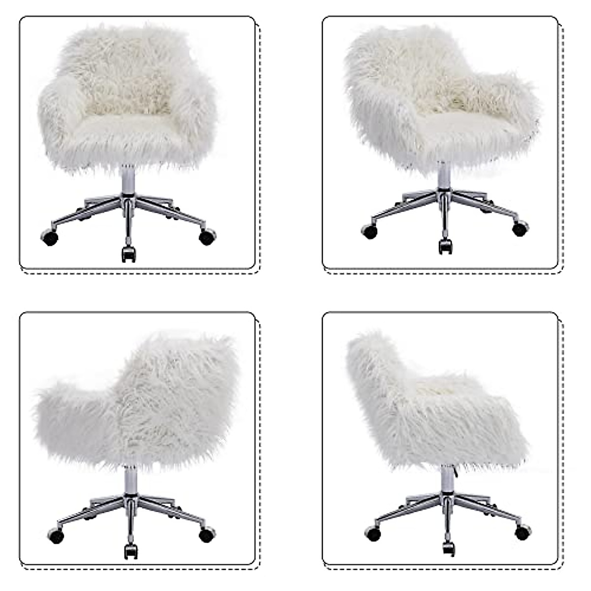 KCC Fluffy Office Desk Chair, Faux Fur Modern Swivel Armchair with Wheels, Soft Comfy Fuzzy Elegant Accent Makeup Vanity Chairs for Women Girls, Home Living Dressing Room Bedroom, White