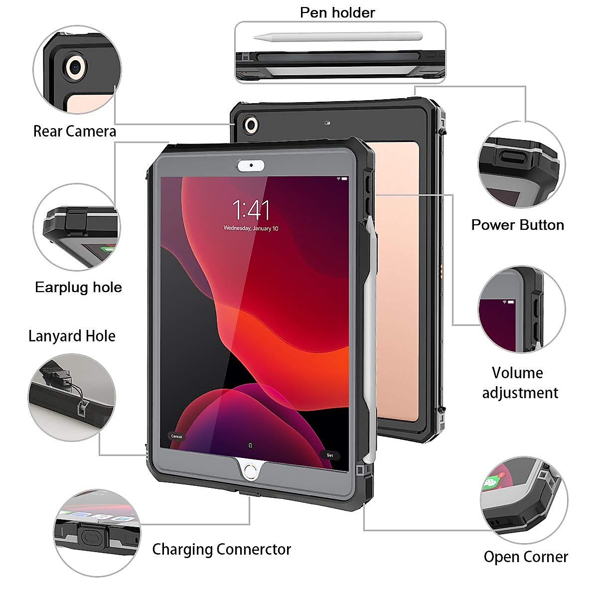 FXXXLTF iPad Case, Waterproof Full Body Cover for iPad 10.2 inch 2021 (Black), Compatible with 7th/8th/9th Gen, Protective with Pencil Holder, Anti-Scratch, Shockproof, IP68