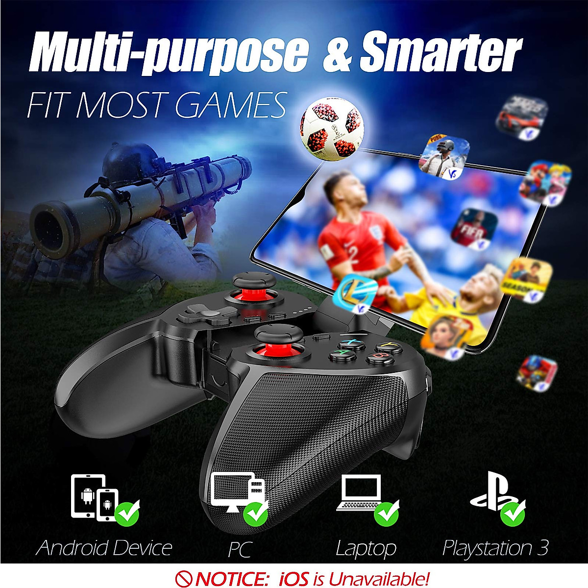 TERIOS Mobile Game Controller for Android – PC Controller – Gaming Remote for Smartphones/PS3/Windows – Instant Play and Turbo Function – Responsive Action Buttons