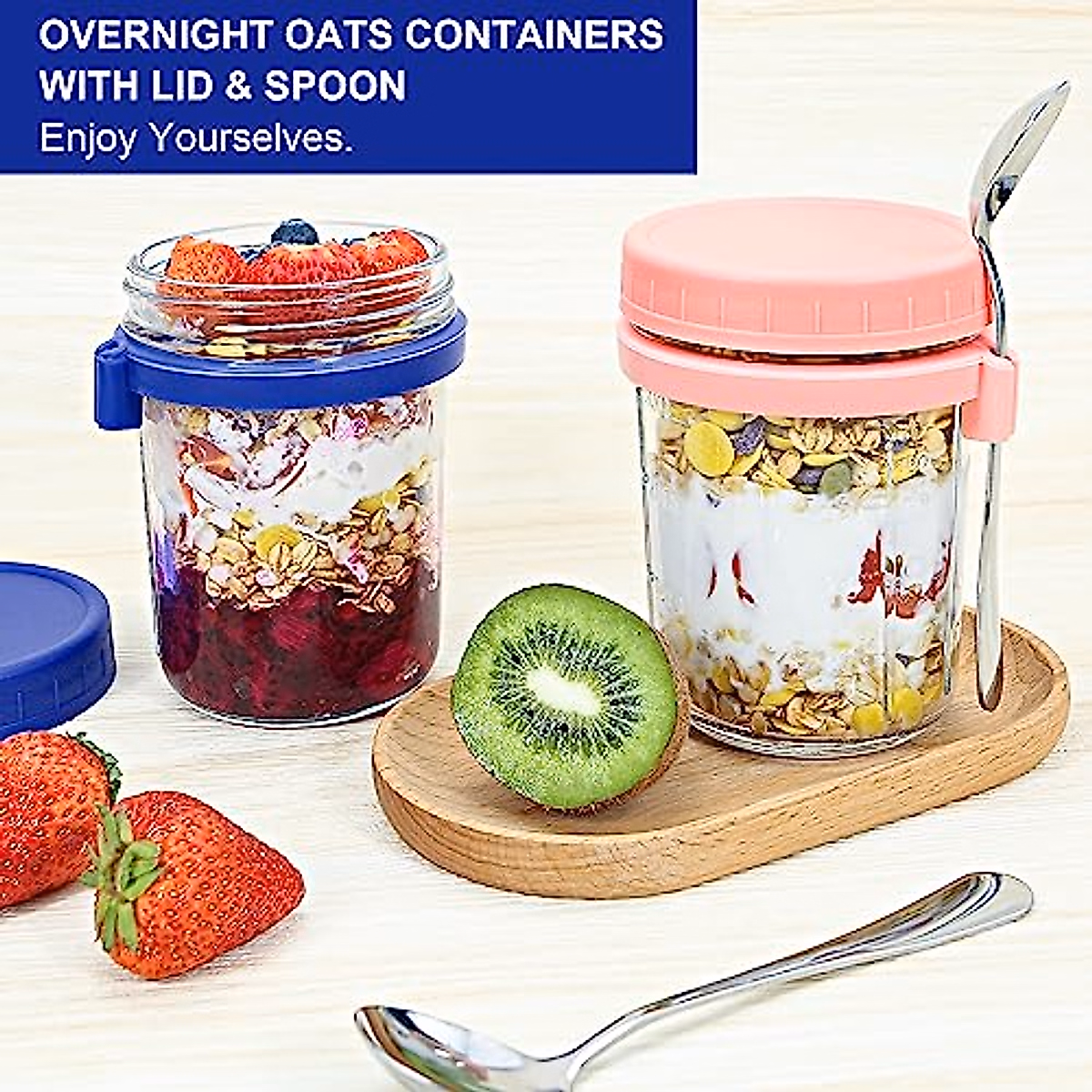 Overnight Oats Containers, 16 oz Overnight Oats Glass Jars with Lids and Spoon, 4Pack Airtight Overnight Oats Cup Wide Mouth Mason Jars for Yogurt,Cereal,Milk,Salad,Chia Pudding