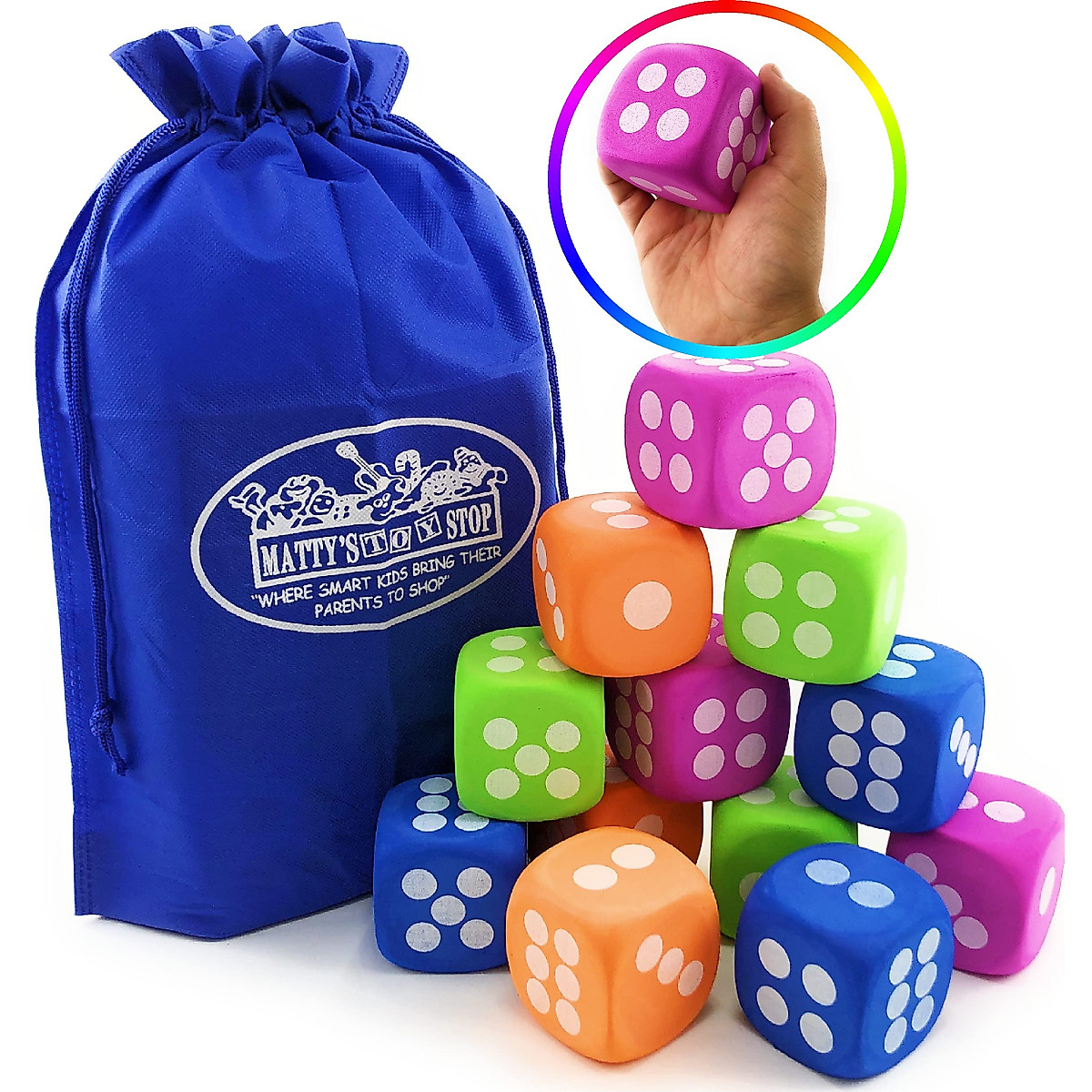 Deluxe Large 2.25" EVA Foam Dice (Pack of 12) with Bonus Matty's Toy Stop Storage Bag