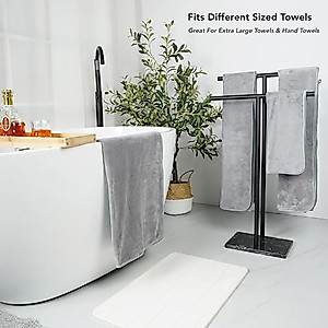 WISATO - Free Standing Towel Rack for Bathroom - Stand Alone 2 Tier Stainless Steel Towel Rack for Bathroom Floor with Heavy Marble Base & Matte Black Finish - Double T Shape Drying Stand for Towels