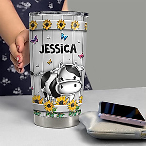 SANDJEST Personalized Cow Tumbler Sunflower Girl Loves Cows 20oz 30oz Tumblers with Lid Gift for Women Girl Daughter Sister Animal Lovers Christmas Birthday