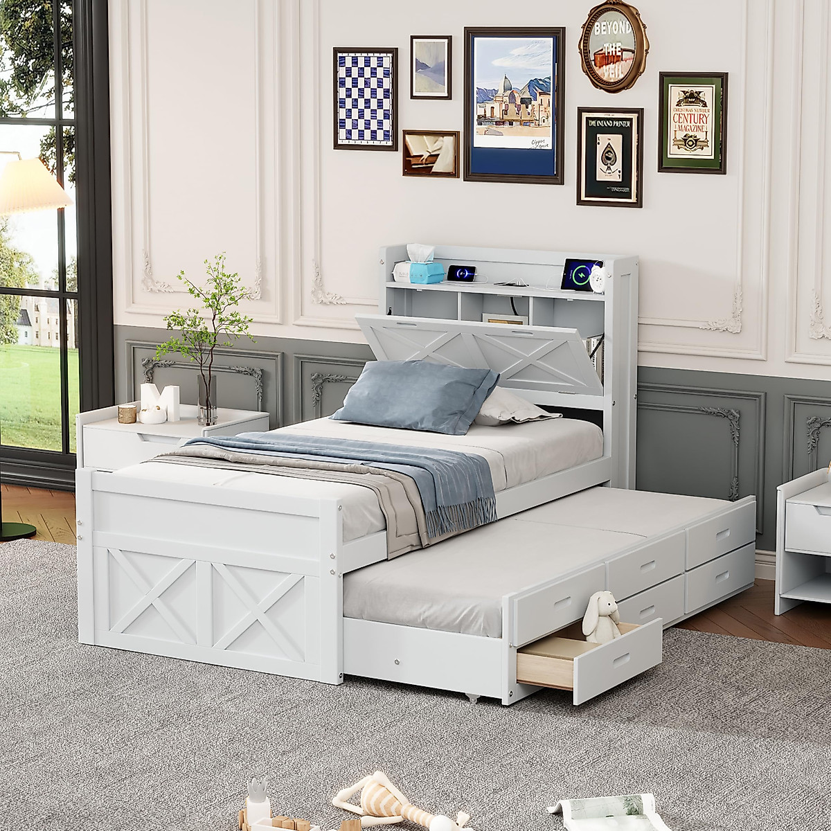 Luckiofvonne Twin Bed Frame with Storage Headboard & Charging Station, Wood Captain Bed with Trundle and Drawers, Farmhouse Platform Beds for Kids Boys Girls, Noise Free, No Box Spring Needed, White