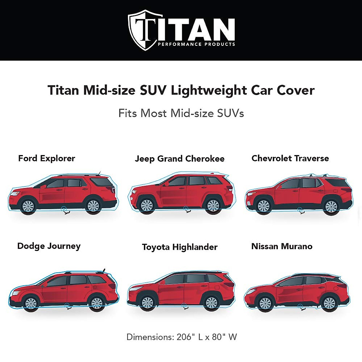 Titan Lightweight Poly 210T Car Cover for Mid-Size SUV 188-206". Waterproof, UV Protection, Scratch Resistant, Driver-Side Zippered Opening. Fits Explorer, Grand Cherokee and More.