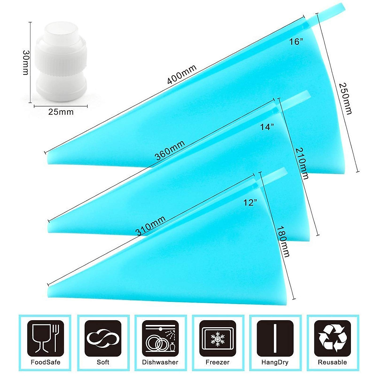 Weetiee D Silicone Pastry 3 Sizes Reusable Piping Baking Cookie Cake Decorating Bags (12’’+14’’+16’’)-6 Pack-Bonus 6 Icing Couplers