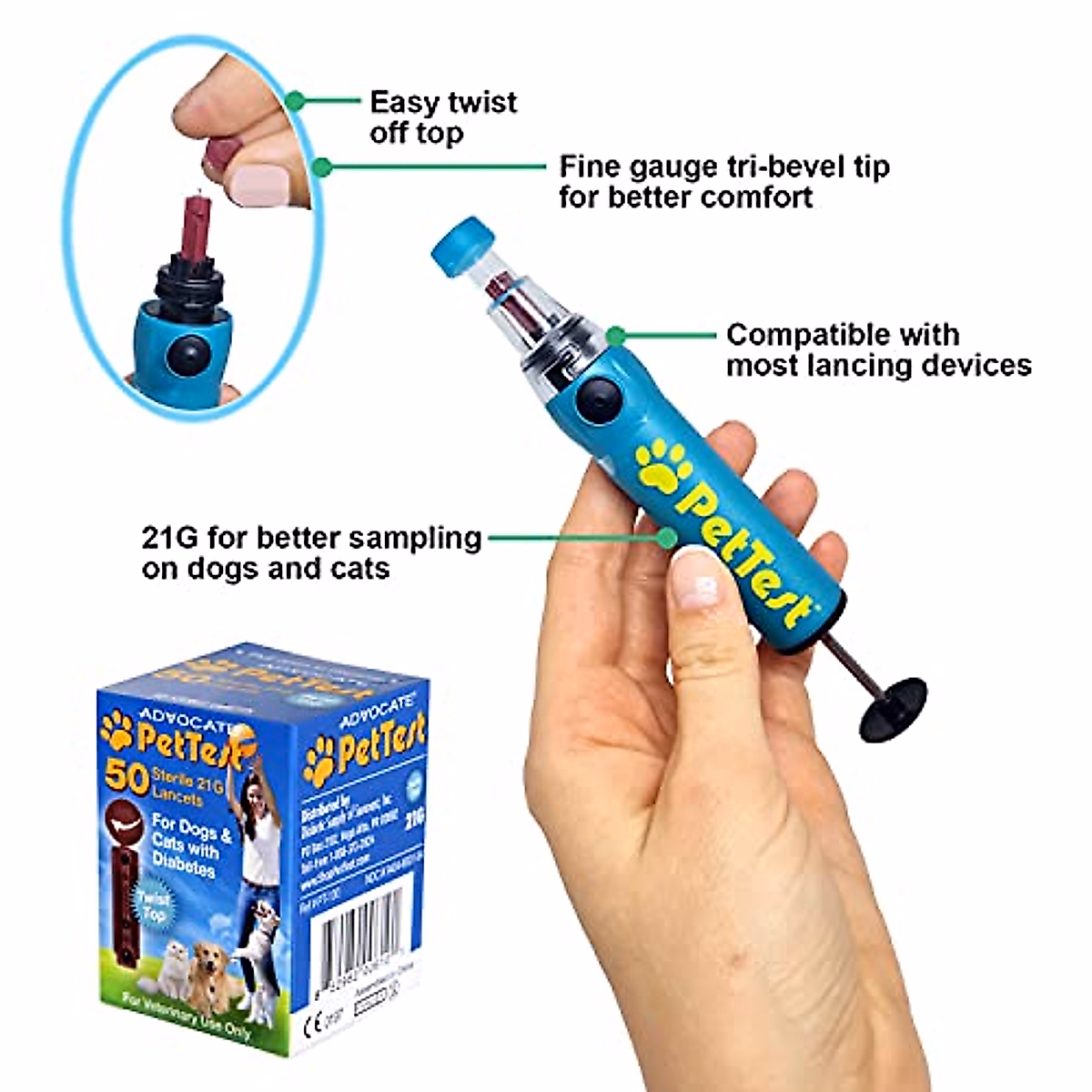 PetTest Sterile Twist Top Lancets 21G for Dogs and Cats for use with PetTest Diabetes Glucose Monitoring System (50 Lancets)