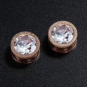 ZS Rose Gold Stainless Steel Screw Big Cubic Zirconia Ear Gauges Plugs Tunnels Expander Body Piercing (Gauge=00g(10mm))